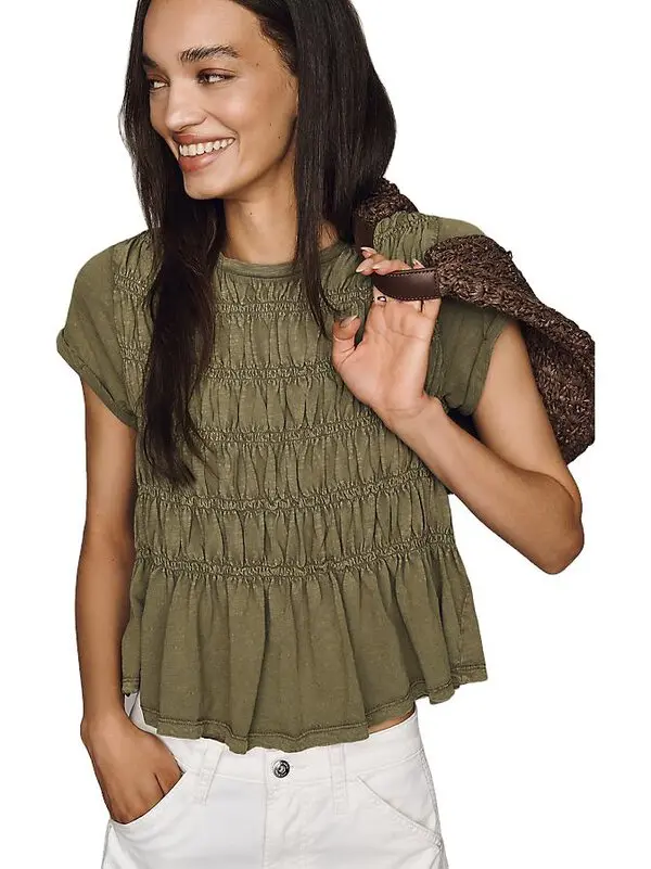 PILCRO Smocked Peplum Cotton Tee - Green