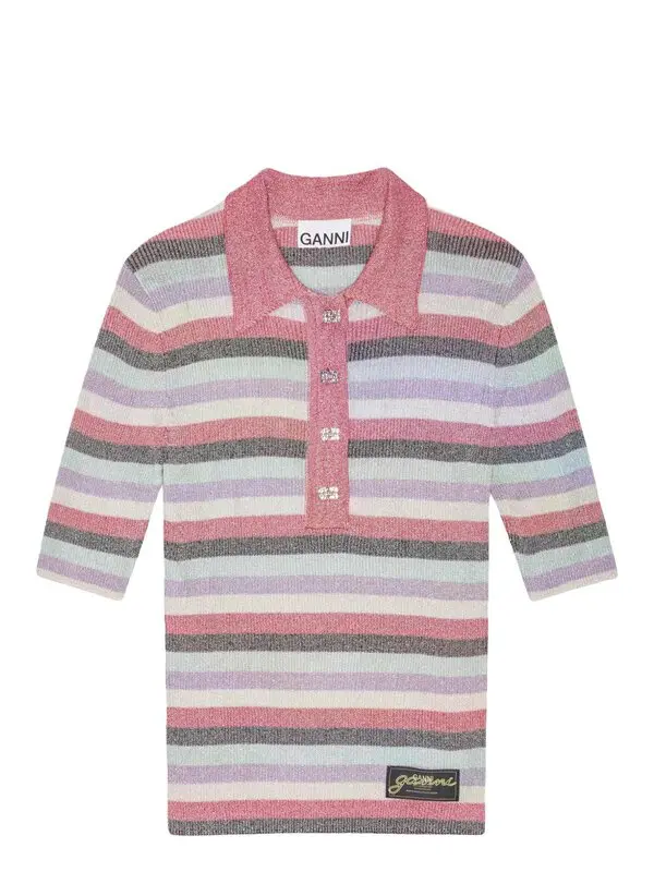 GANNI Striped Lurex-knit Polo Shirt - Pink