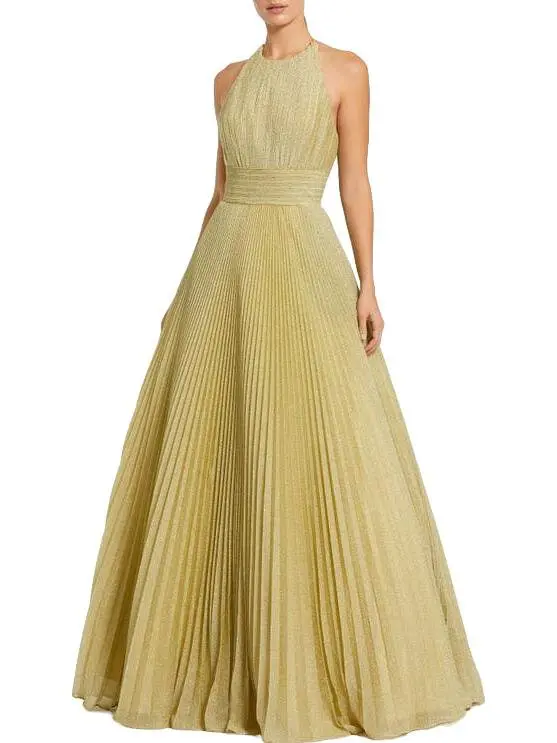 Mac Duggal Shimmering Pleated Gown With Open Back - Gold