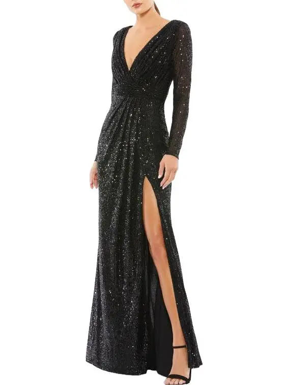 Mac Duggal Sequined Long Sleeve Gown With High Slit - Black