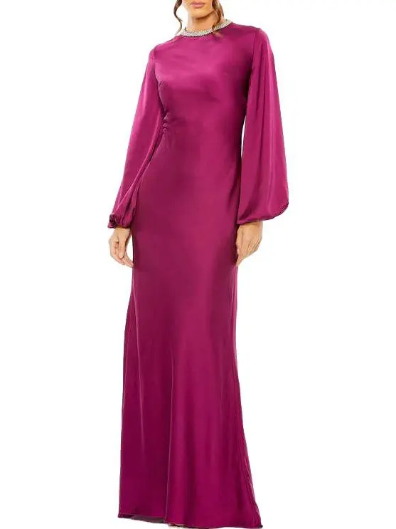 Mac Duggal Beaded High Neck Bishop Sleeve Satin Gown - Berry