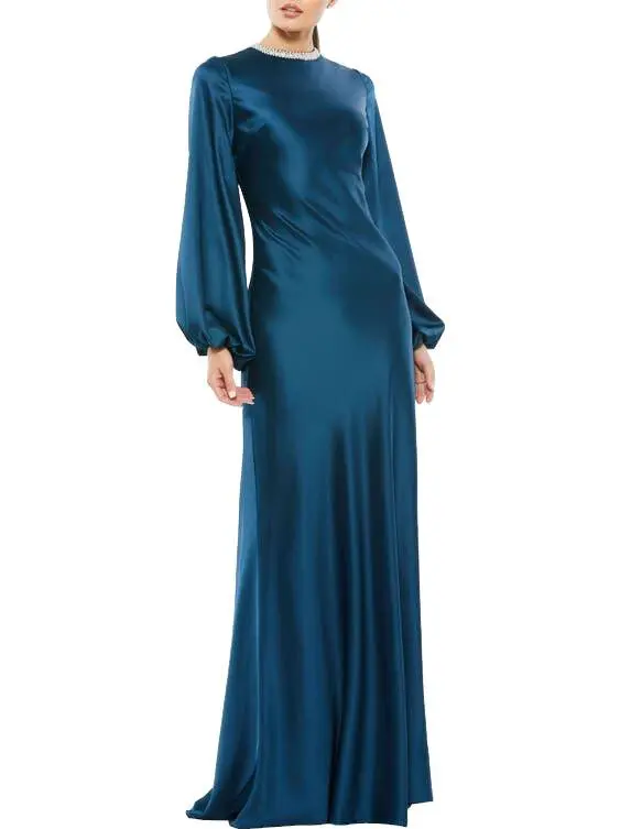 Mac Duggal Beaded High Neck Bishop Sleeve Satin Gown - Sapphire