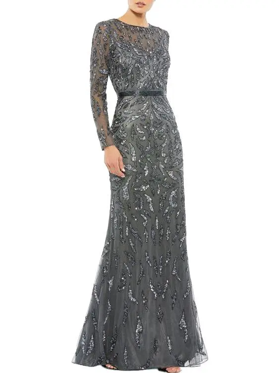 Mac Duggal Abstract Beaded Evening Gown - Charcoal
