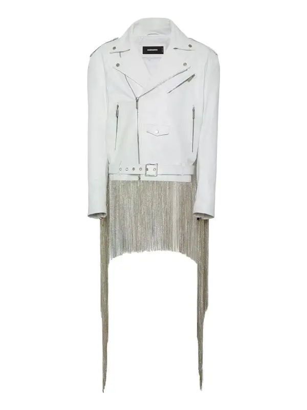Dsquared2 Fringed Leather Biker Jacket - White