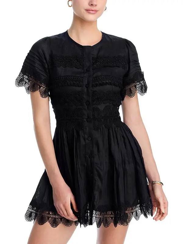 Waimari Violette Lace Trim Linen Dress - Black