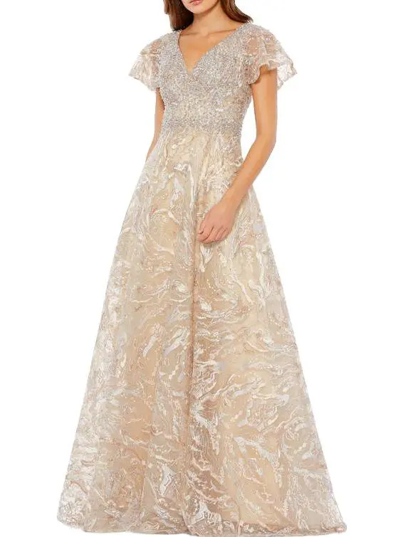 Mac Duggal Embellished Illusion Butterfly Sleeve A-line Gown - Champagne Gold