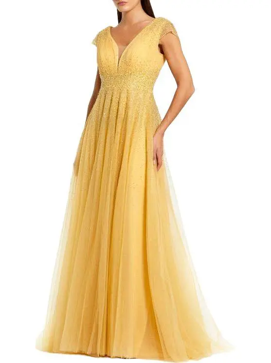 Mac Duggal Embellished Tulle V-neck Gown - Gold