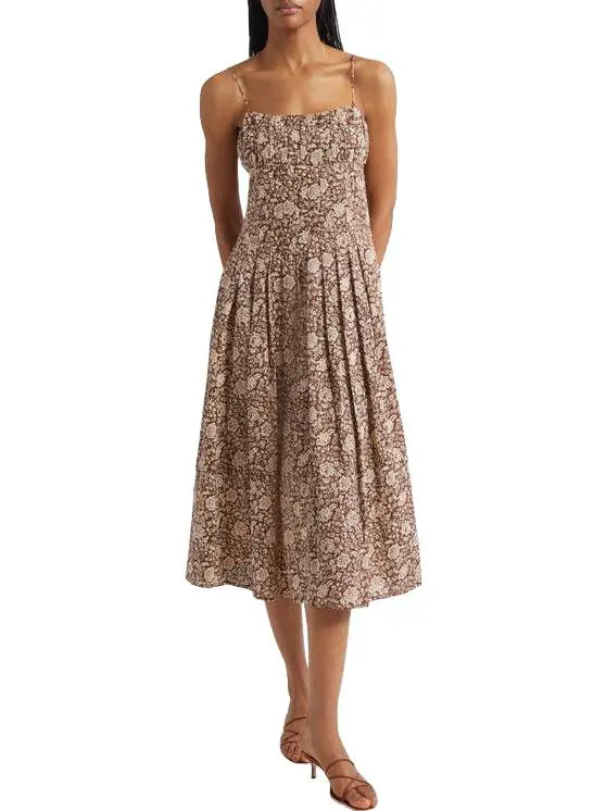 Mille Tully Floral Pleated Cotton Midi Sundress - Cocoa Floral