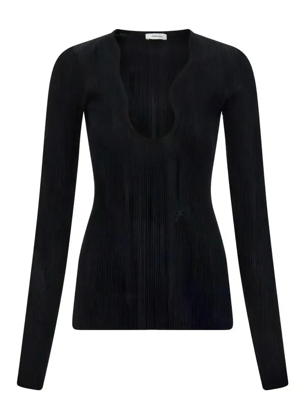 FERRAGAMO Rippled-neckline Long-sleeve Sweater - Black