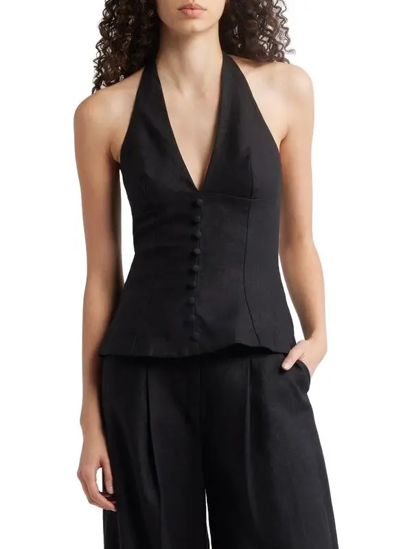 Faithfull The Brand Marie Linen Halter Top - Black