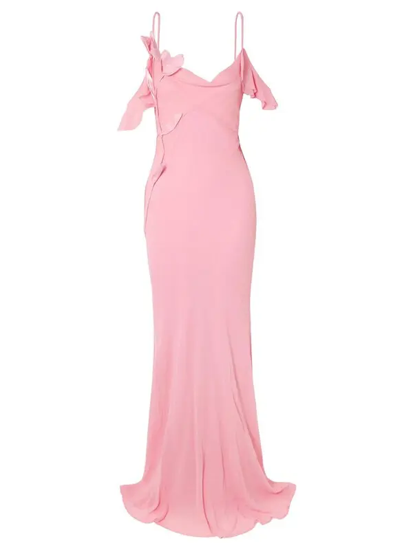 SELF-PORTRAIT Appliquéd Ruffled Cold-shoulder Georgette Maxi Dress - Pink
