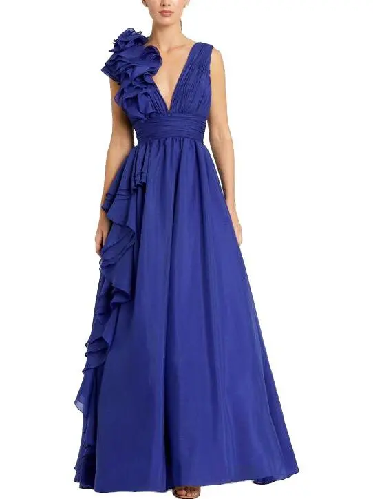 Mac Duggal Ruffle Shoulder V-neck Chiffon Gown - Cobalt