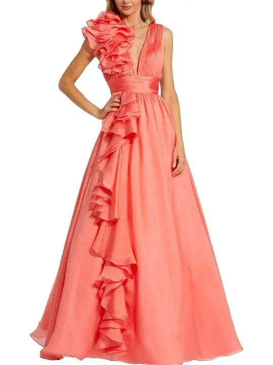 Mac Duggal Ruffle Shoulder V-neck Chiffon Gown - Coral