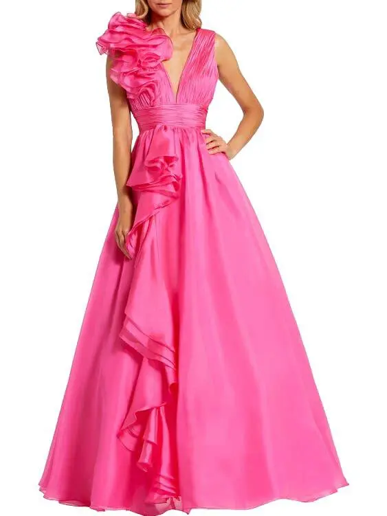 Mac Duggal Ruffle Shoulder V-neck Chiffon Gown - Hot Pink