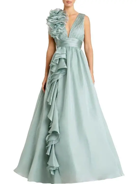 Mac Duggal Ruffle Shoulder V-neck Chiffon Gown - Mint