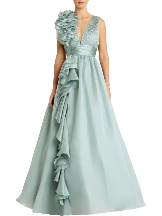 Mac Duggal Ruffle Shoulder V-neck Chiffon Gown - Mint
