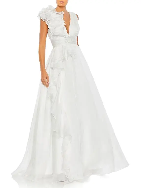 Mac Duggal Ruffle Shoulder V-neck Chiffon Gown - White