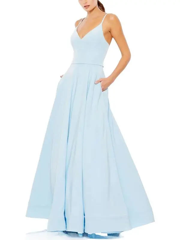 Mac Duggal V-neck Ball Gown With Belted A-line Skirt - Powder Blue
