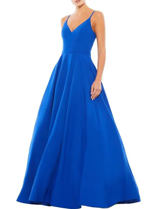 Mac Duggal V-neck Ball Gown With Belted A-line Skirt - Royal