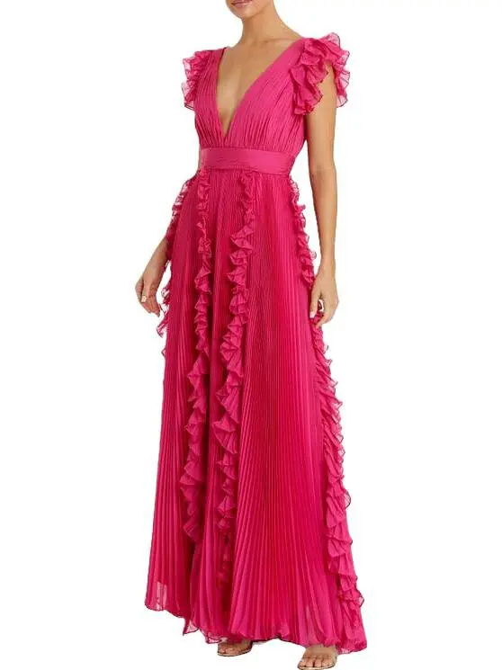Mac Duggal Pleated Ruffle Cap Sleeve A-line Gown - Fuchsia