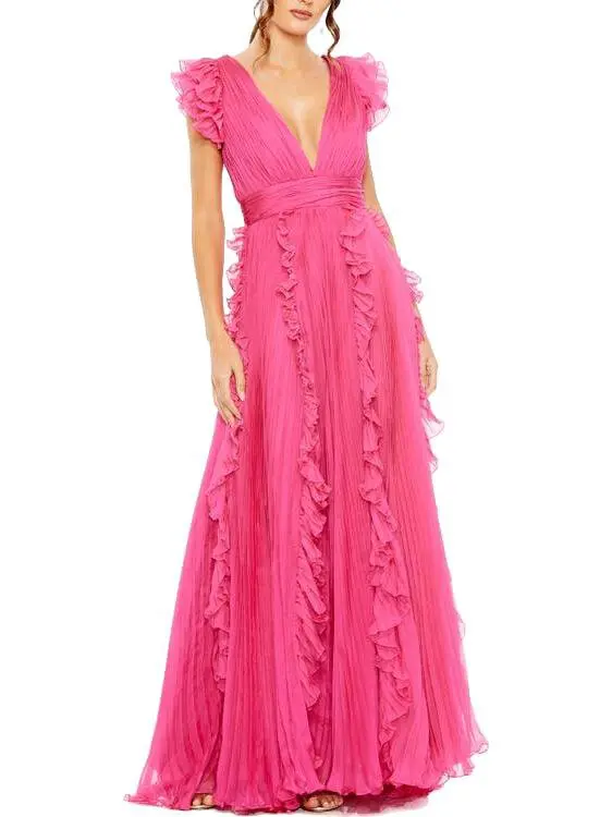 Mac Duggal Pleated Ruffle Cap Sleeve A-line Gown - Fuchsia