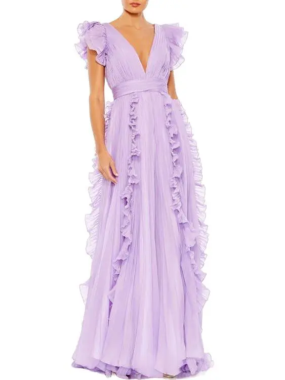 Mac Duggal Pleated Ruffle Cap Sleeve A-line Gown - Lilac