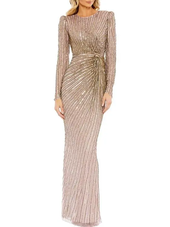 Mac Duggal Embellished Puff Sleeve Gown - Mocha