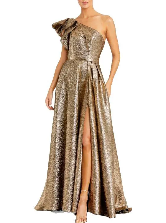 Mac Duggal One-shoulder Metallic Brocade Ball Gown - Antique Bronze