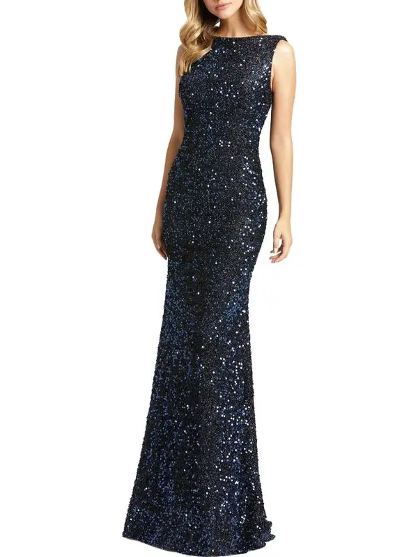 Mac Duggal Open Cowl Back Sequined Evening Gown - Midnight