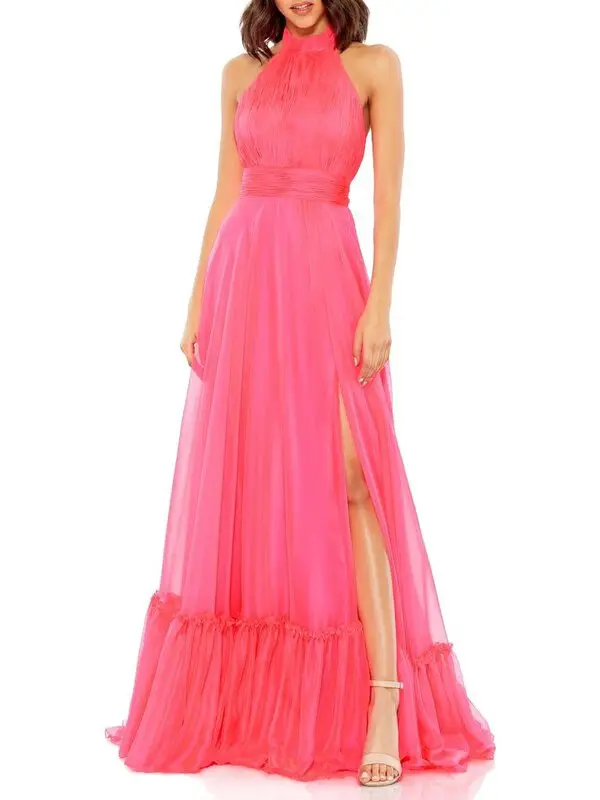 Mac Duggal High-neck Tiered Chiffon Halter Gown - Hot Pink