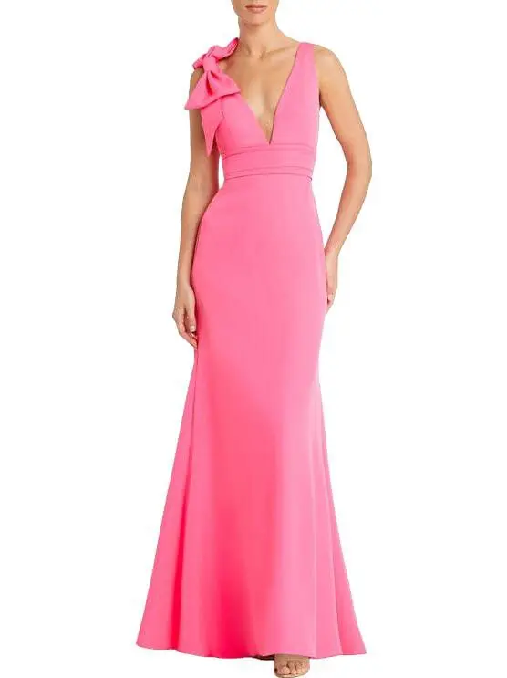 Mac Duggal Sleeveless V-neck Bow Detail Mermaid Gown - Candy Pink