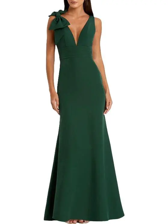 Mac Duggal Sleeveless V-neck Bow Detail Mermaid Gown - Emerald