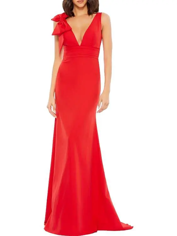 Mac Duggal Sleeveless V-neck Bow Detail Mermaid Gown - Red
