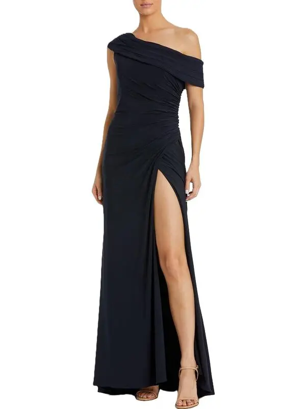 Mac Duggal Sleeveless Off-the-shoulder Slit Gown - Navy