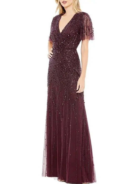 Mac Duggal Embellished Flutter Sleeve Gown - Aubergine