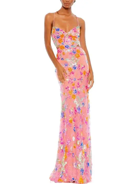 Mac Duggal Embellished Lace Strappy Column Gown - Pink Multi