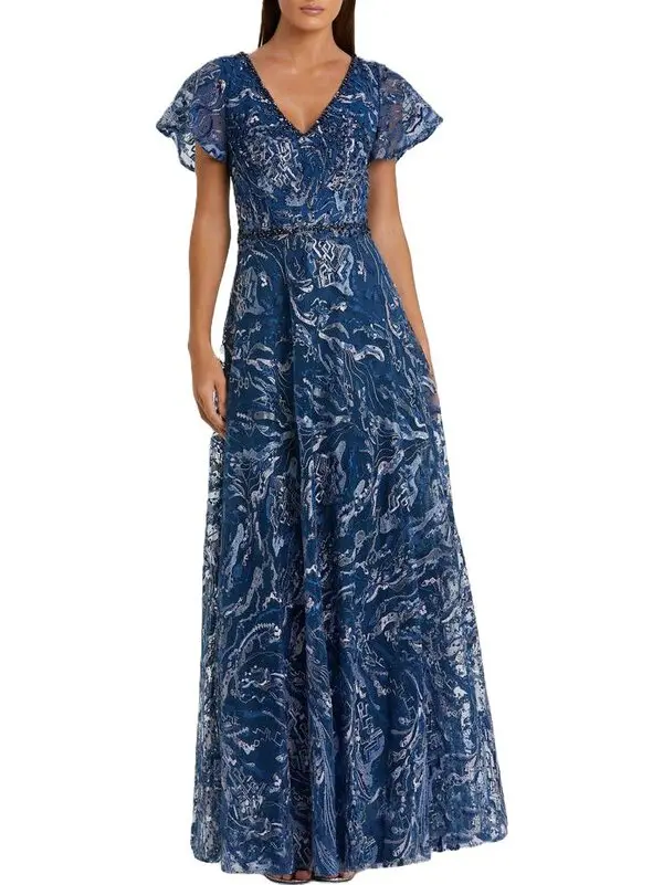 Mac Duggal Embellished Illusion Butterfly Sleeve A-line Gown - Navy