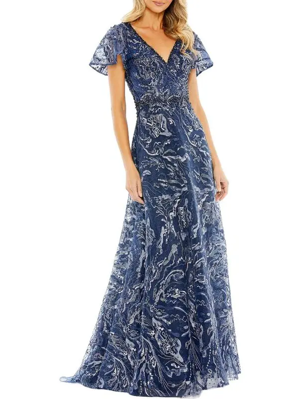 Mac Duggal Embellished Illusion Butterfly Sleeve A-line Gown - Navy