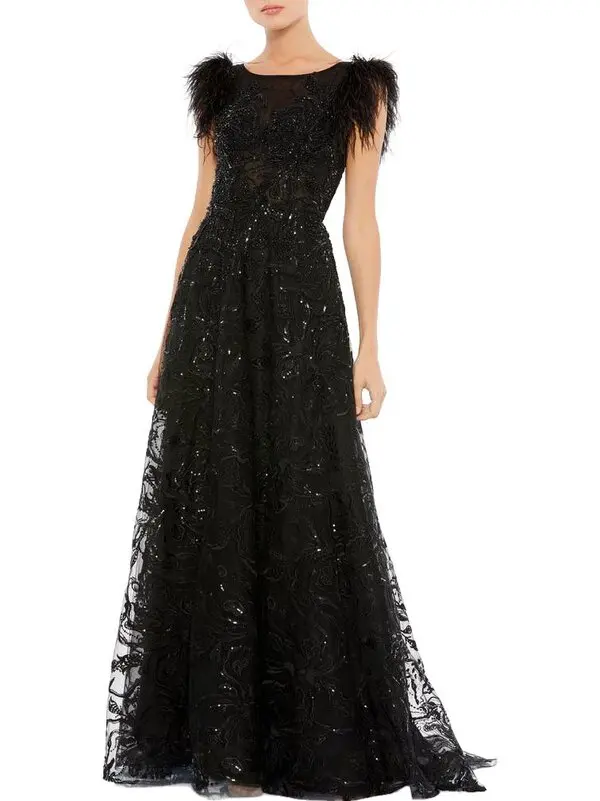 Mac Duggal Embellished Feather Cap Sleeve A-line Gown - Black