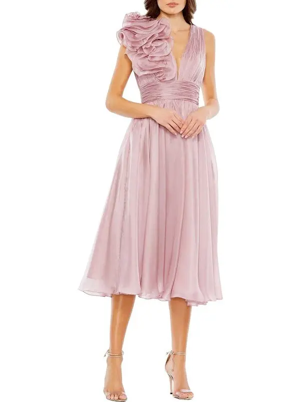 Mac Duggal Sleeveless Chiffon A-line Tea Length Dress - Rose
