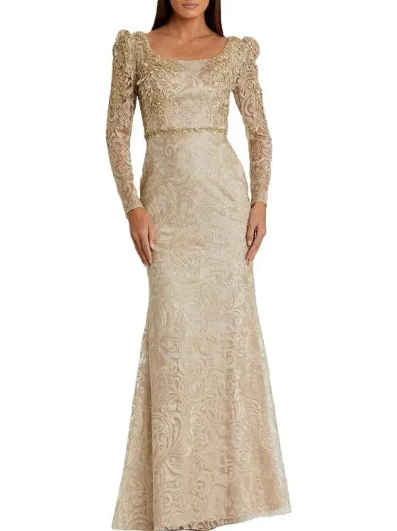 Mac Duggal Embroidered Applique Trumpet Gown - Light Gold