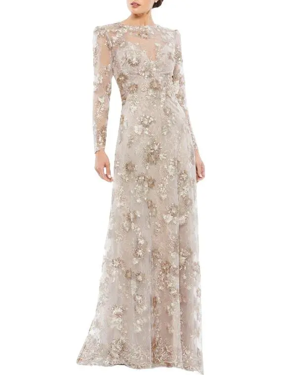 Mac Duggal Floral Embroidered Illusion Long Sleeve Gown - Mocha