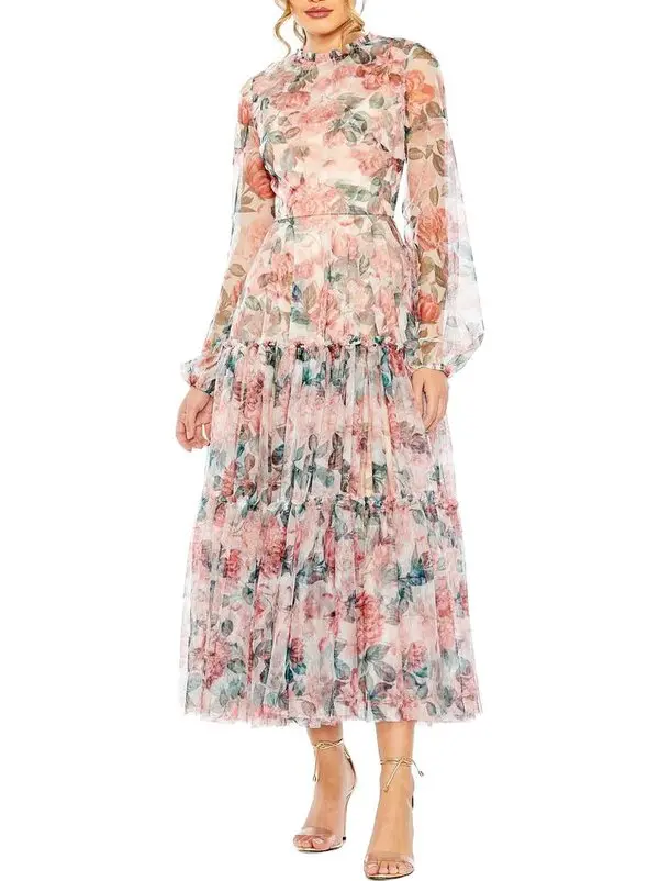 Mac Duggal Long Sleeve Midi Dress - White Multi