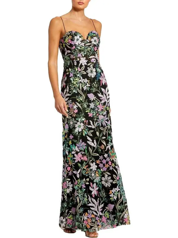 Mac Duggal Floral Embroidered Bustier Trumpet Gown - Black Multi