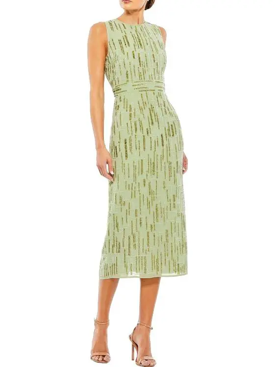 Mac Duggal Abstract Beaded Sleeveless Midi Sheath Dress - Sage