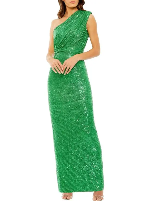 Mac Duggal Sequin One Shoulder Evening Gown - Green