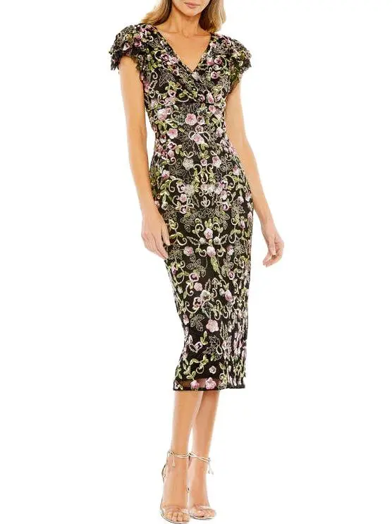 Mac Duggal Floral Embellished Flutter Cap Sleeve Dress - Black Multi