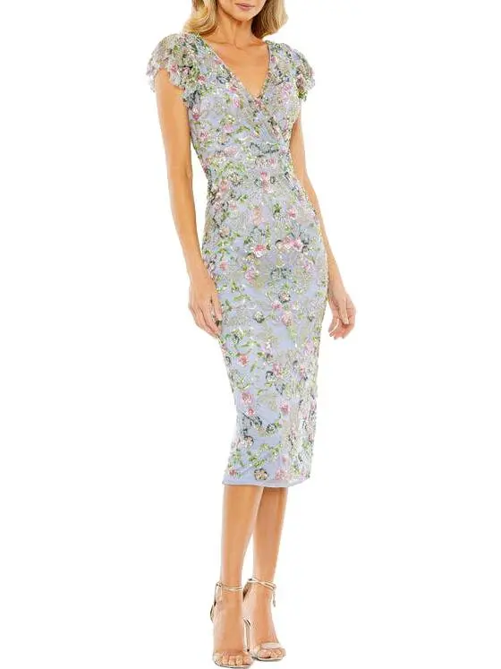 Mac Duggal Floral Embellished Flutter Cap Sleeve Dress - Slate Blue Multi