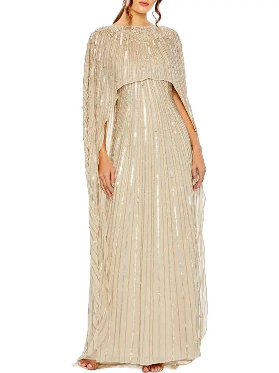 Mac Duggal Embellished Beaded Cape Gown - Champagne