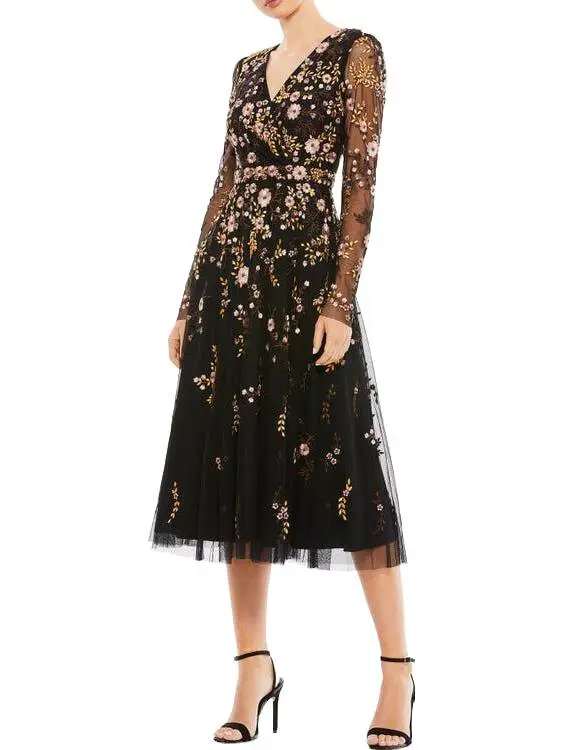 Mac Duggal Floral Embroidered A-line Cocktail Dress - Black Multi